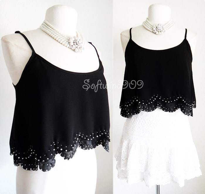 NEW Black Double Beaded Scalloped Retro Chic BOHO Cropped Flowy Blouse ...