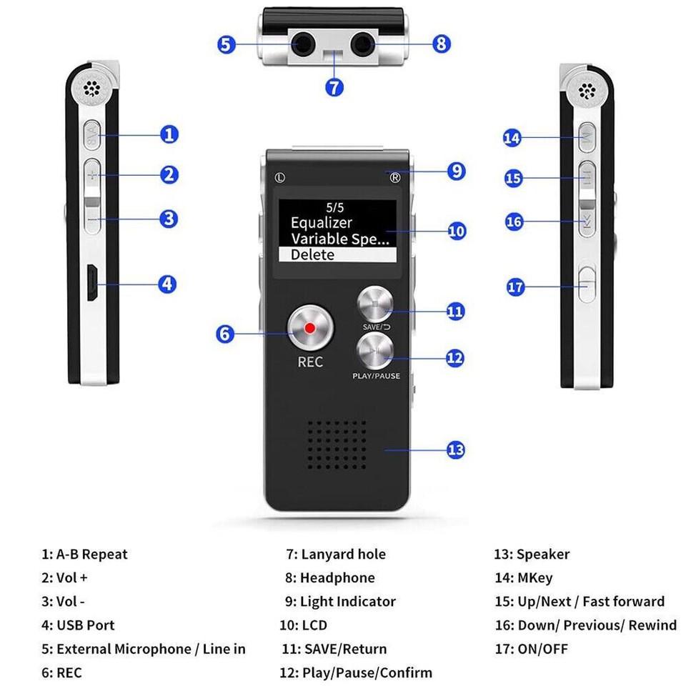 Digital Voice Recorder Dictaphone Audio MP3 Sound Mini Spy Recorder ...