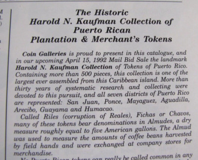 Harold Kaufman collection of Puerto Rico tokens (Coin Galleries sale ...
