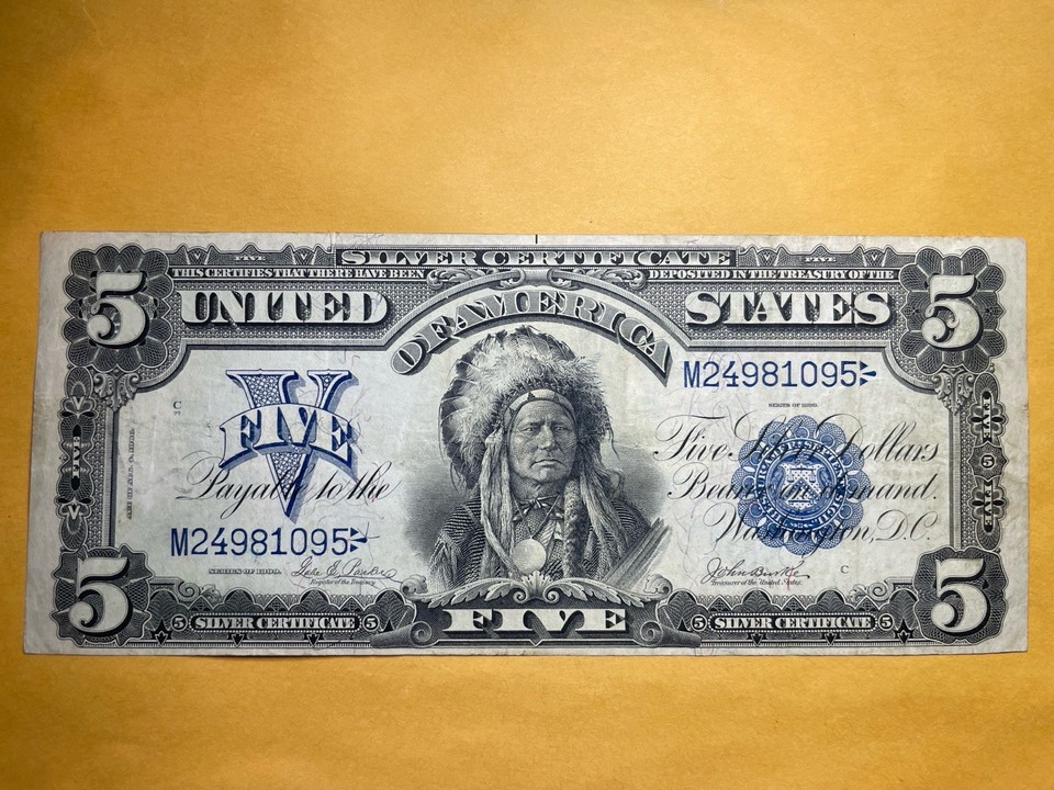 US Currency 1899 $5 Silver Certificate Indian Chief Note Blue Seal ...