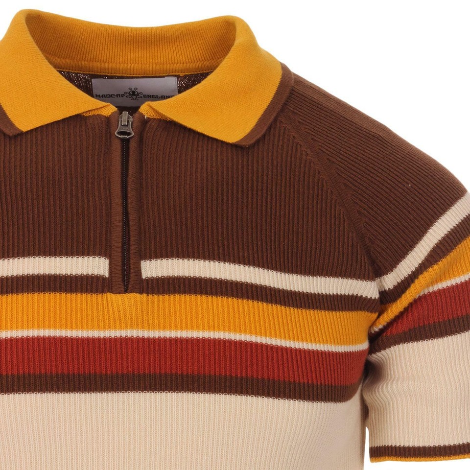 NEW MADCAP MOD RETRO 60s 70s MENS KNITTED RIBBED ZIP NECK POLO METEOR ...