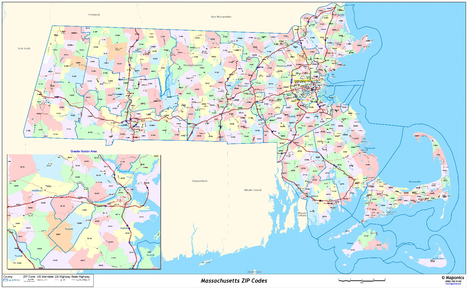 Massachusetts State Zipcode Laminated Wall Map | eBay