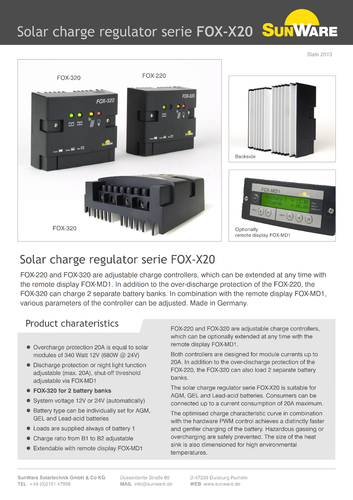 Dual Battery Solar Charge Controller Sunware FOX-320 20A 12V 24V for ...