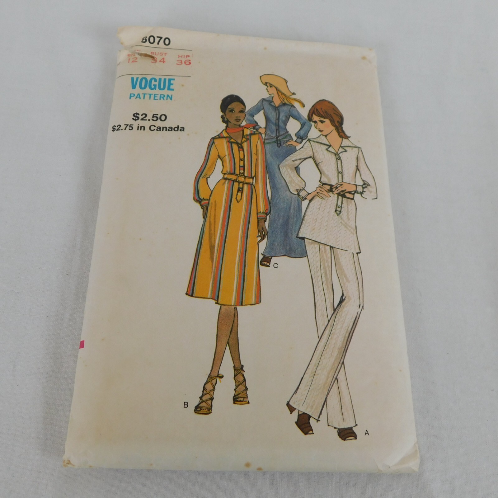 Vogue 8070 Sewing Pattern Women 1970s Dress Top Pants Size 12 Bust 34 ...