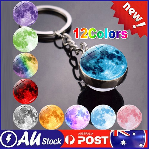 Glow in the Dark Galaxy System Keychain Double Sided Glass Dome Planet ...