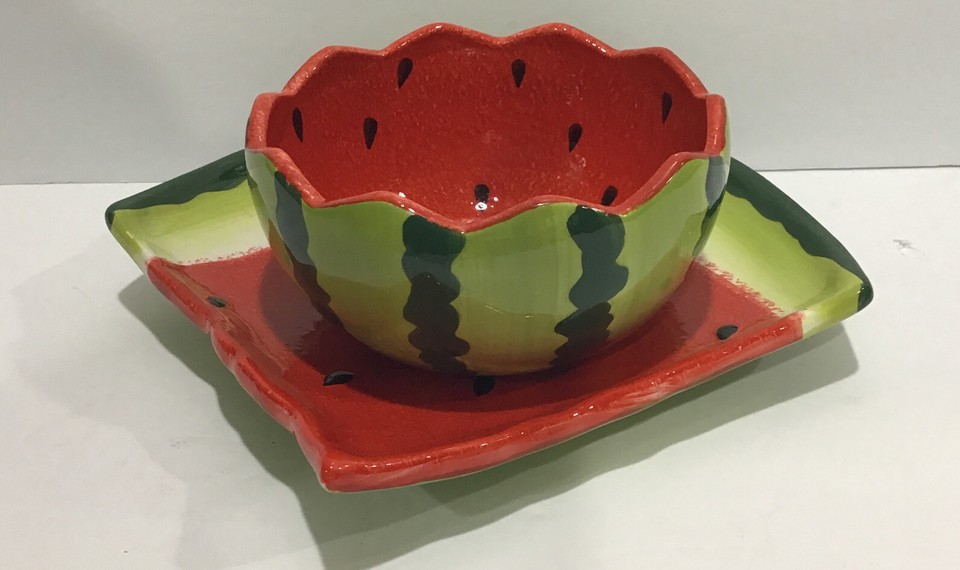 Vintage Retro Watermelon Slice Plate & Dip Appetizer Ceramic Serving ...