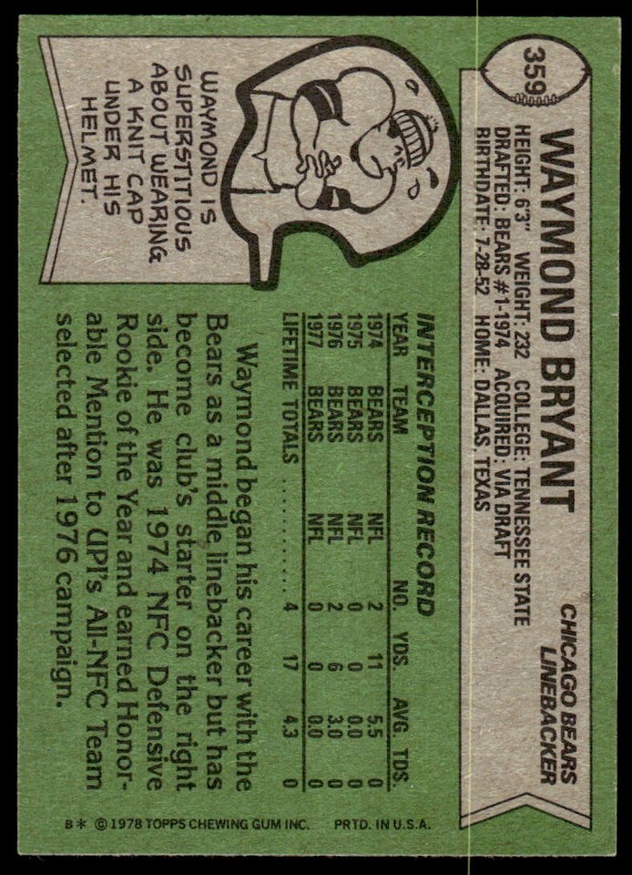1978 TOPPS WAYMOND BRYANT B CHICAGO BEARS #359 | eBay