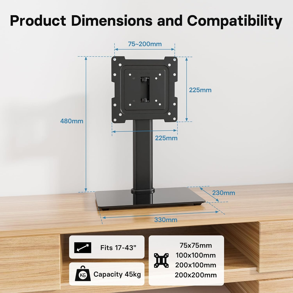BONTEC Adjustable Universal TV Stand for 17-43 Inch Screens, 45kg ...