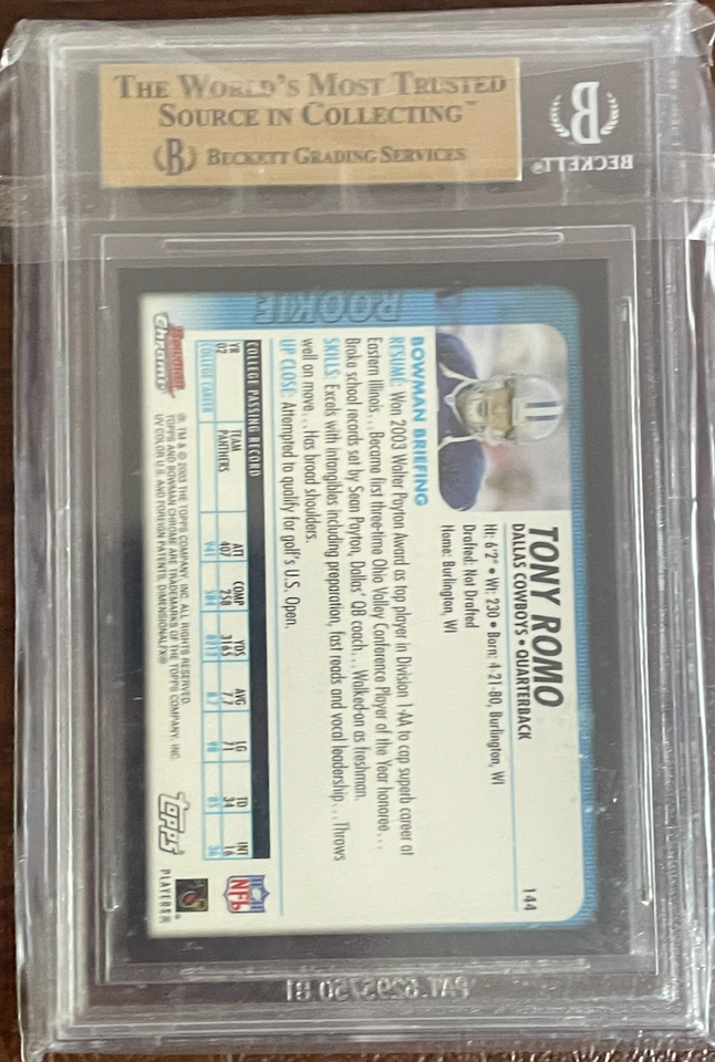2003 Bowman Chrome Rookie Card- #144 Tony Romo (Rc) Bgs 9.5! | eBay