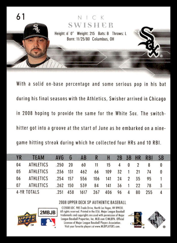 2008 SP Authentic 61 Nick Swisher Chicago White Sox Baseball Card | eBay