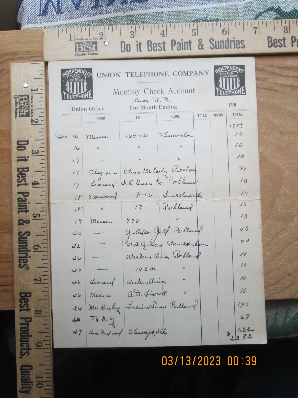 Union Telephone Co Check Account Knox Railroad Co Union Maine 1900s | eBay