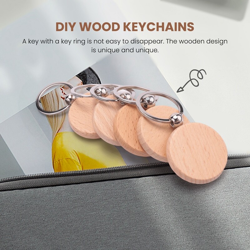 100Pcs Blank Round Wooden Key Chain Diy Wood Keychains Key Tags Can ...