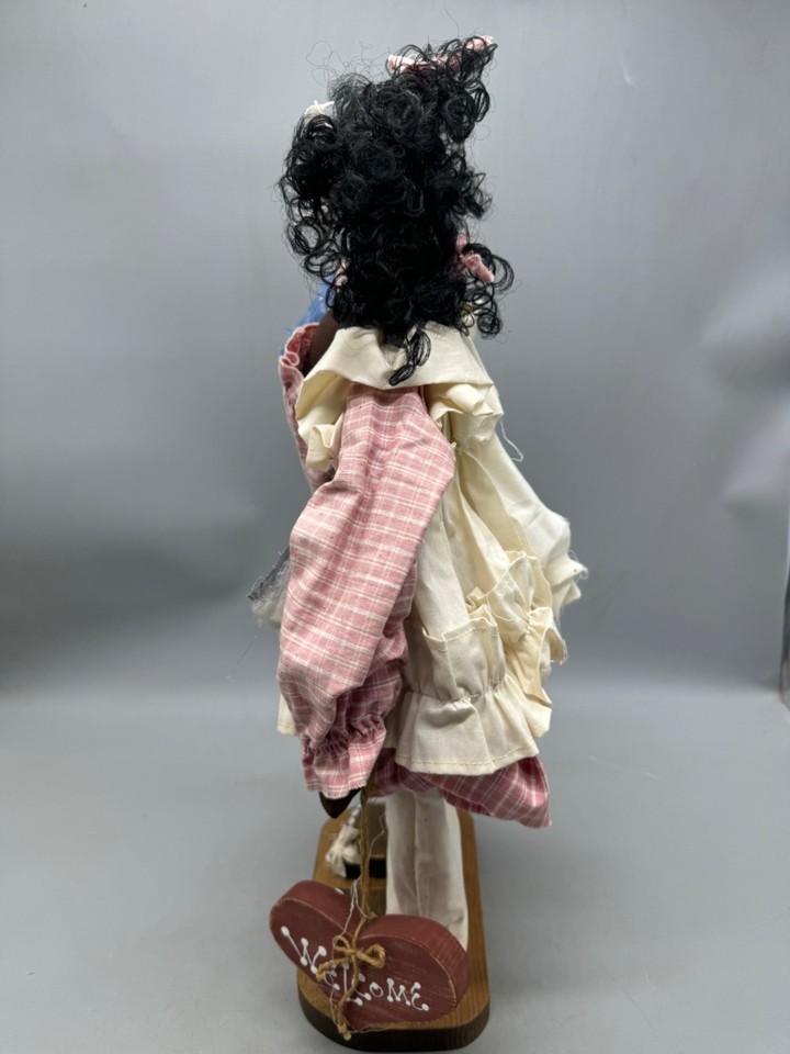 Handcrafted "Welcome" Rag Doll With Curly Hair & Wooden Base dark skin ...