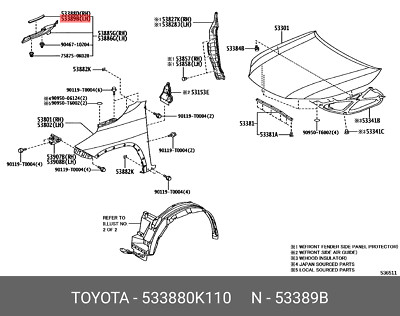 Genuine OE seal, hood to front fender, right, 533880K110 for TOYOTA ...