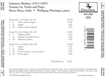BRUCE BERG JOHANNES BRAHMS: SONATAS FOR VIOLIN AND PIANO NEW CD ...