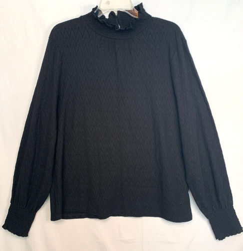 TALBOTS Black Top Knit Diamond Smocked Neck Blouse XL Shirred Stretch ...