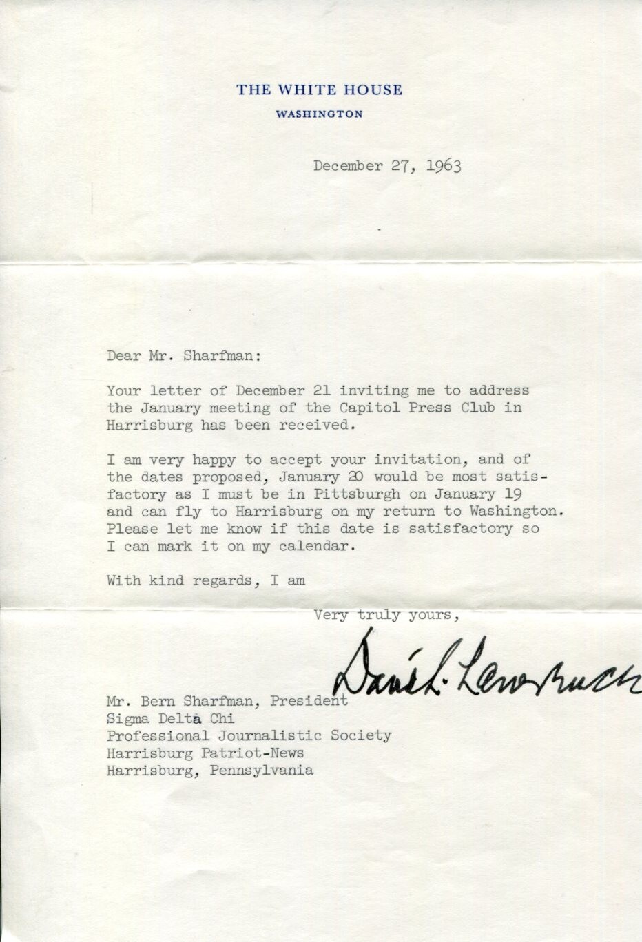 David L. Lawrence Governor of Pennsylvania Mayor Pittsburgh Signed ...