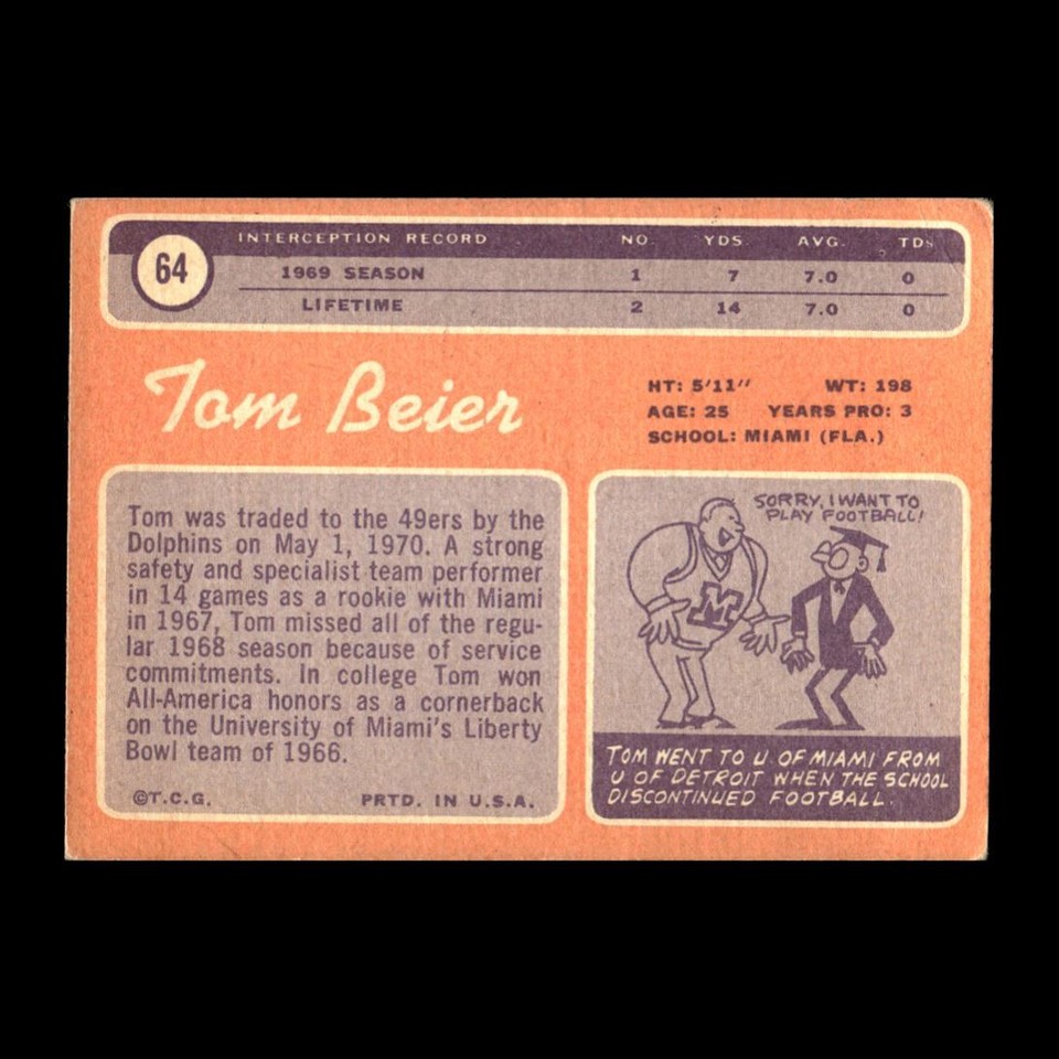 Tom Beier 1970 Topps Rookie San Francisco 49ers #64 R311H | eBay