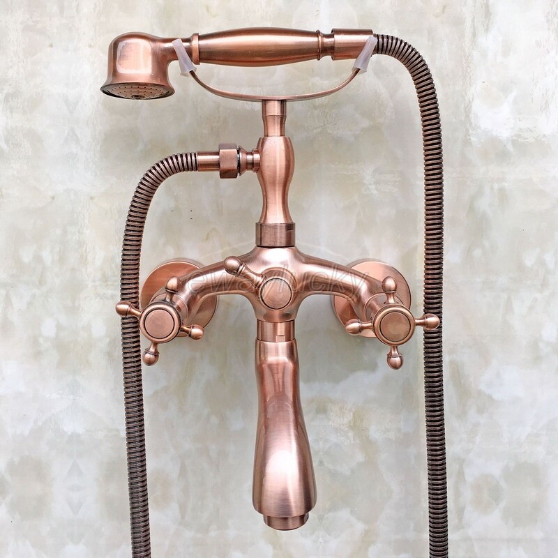 Red Copper Wall Mount Bath Filler Tap with Hand Shower Clawfoot Tub ...