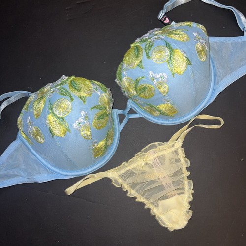 Victoria's Secret 32DDD BRA SET S thong BLUE YELLOW citron LEMON green ...
