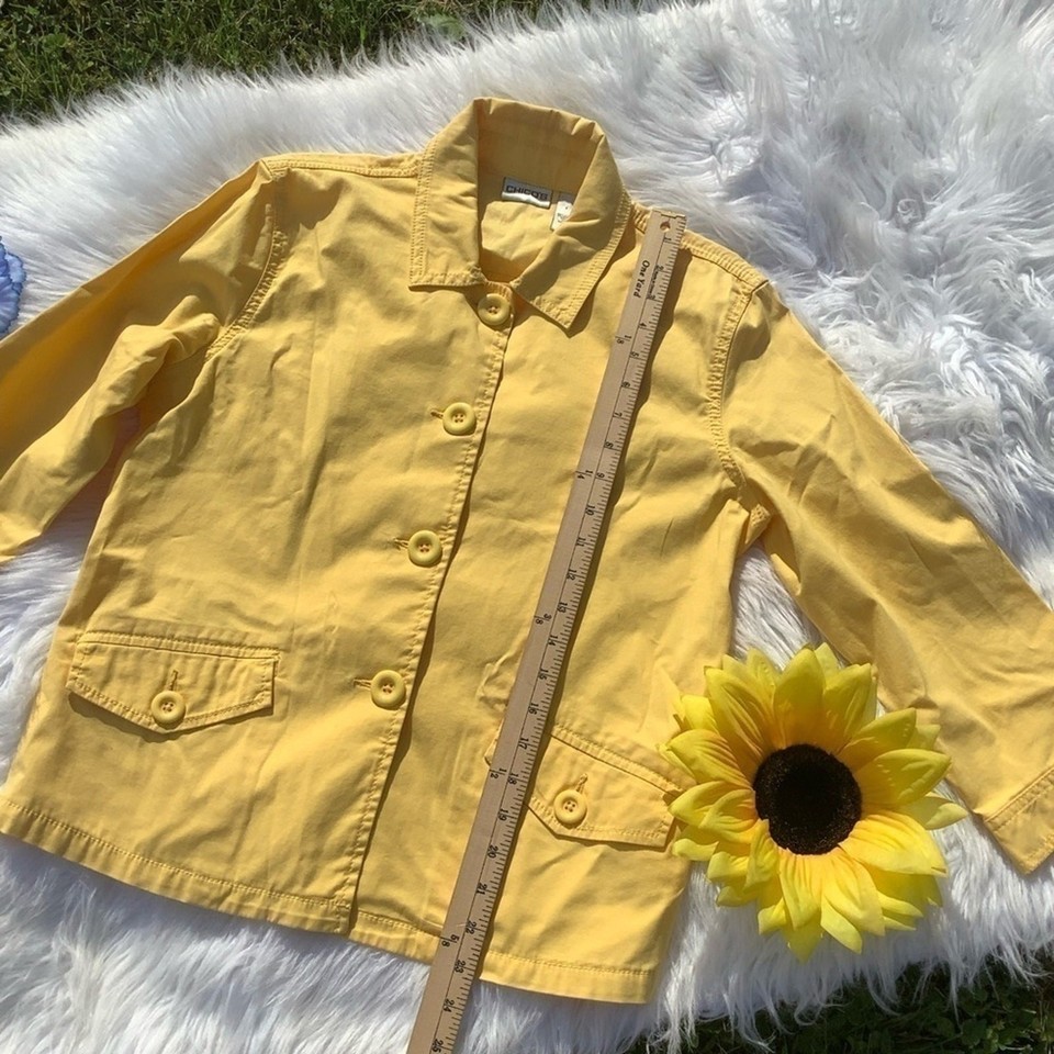 Chicos Button Down Size 1 Blazer Yellow Jacket Cotton Bright Spring ...