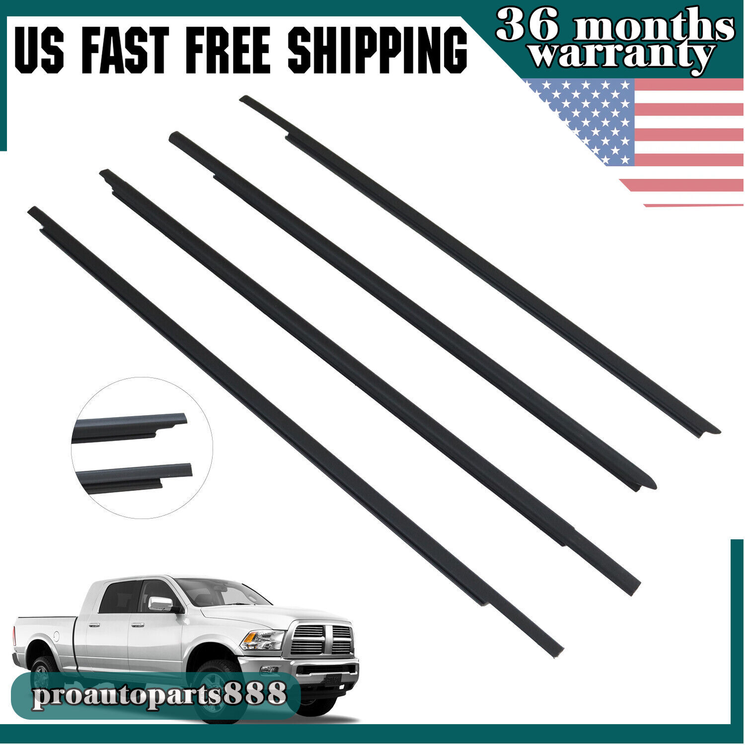 4x Door Belt Weatherstrip For 2009-2021 Ram 1500 2500 3500 55112376AH ...
