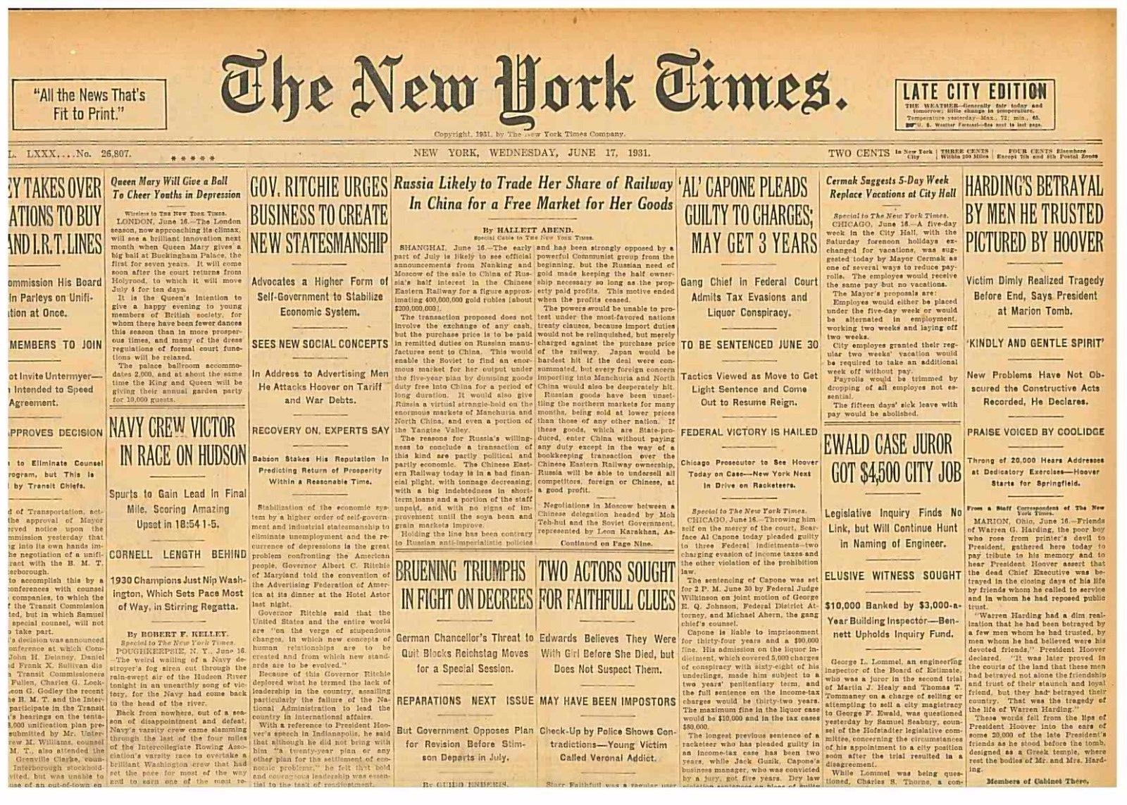 Original Newspaper AL CAPONE PLEADS GUILTY TO TAX CHARGES June 17 1931 ...