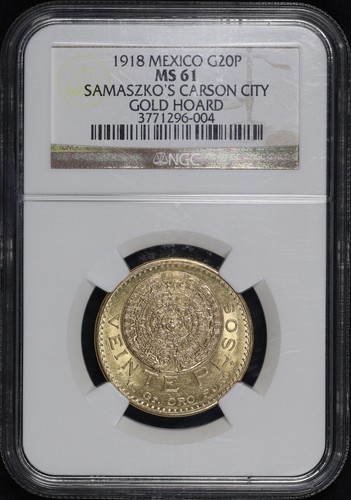 1918 Mexico Gold 20 Pesos NGC MS-61 Samaszko's Carson City Gold Hoard ...