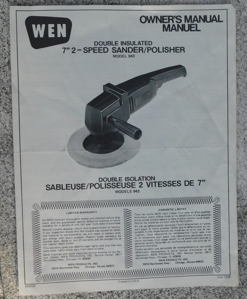 WEN 7" 2 SPEED DISC SANDER POLISHER BUFFER MODEL 943 w/ Manual [Made in ...