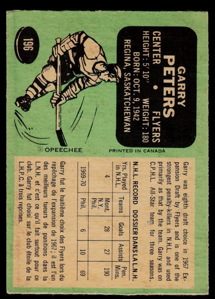1970-71 OPC O-Pee-Chee VG-EX Garry Peters Philadelphia Flyers #196 | eBay