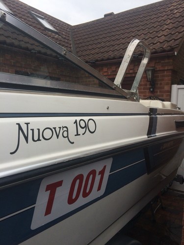 Cadorette Nuova 190 white & blue. 19’ L, 7’8” wide. Mercruiser 190 hp ...