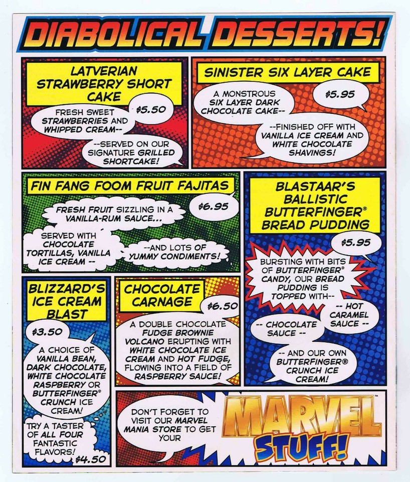 Marvelmania Original Restaurant Menu VG 1997 Not Available to Public ...