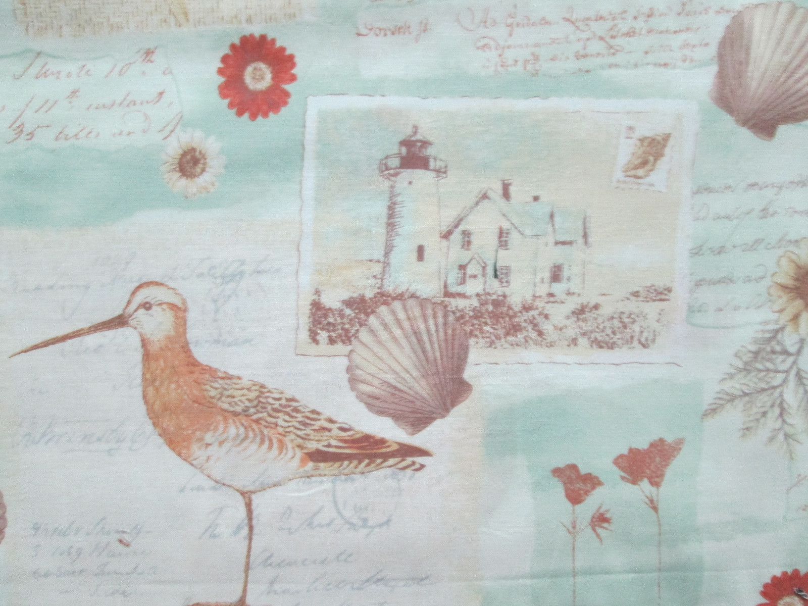 SAND PIPER POST CARDS SHELLS WRITING FLOWERS TEAL TAN BEIGE COTTON ...