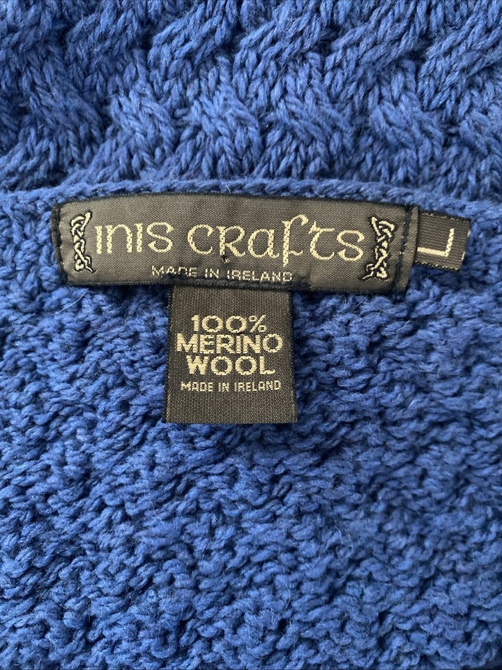 Inis Crafts Sz L Blue 100% Merino Wool Cardigan Cable Knit Made Ireland ...