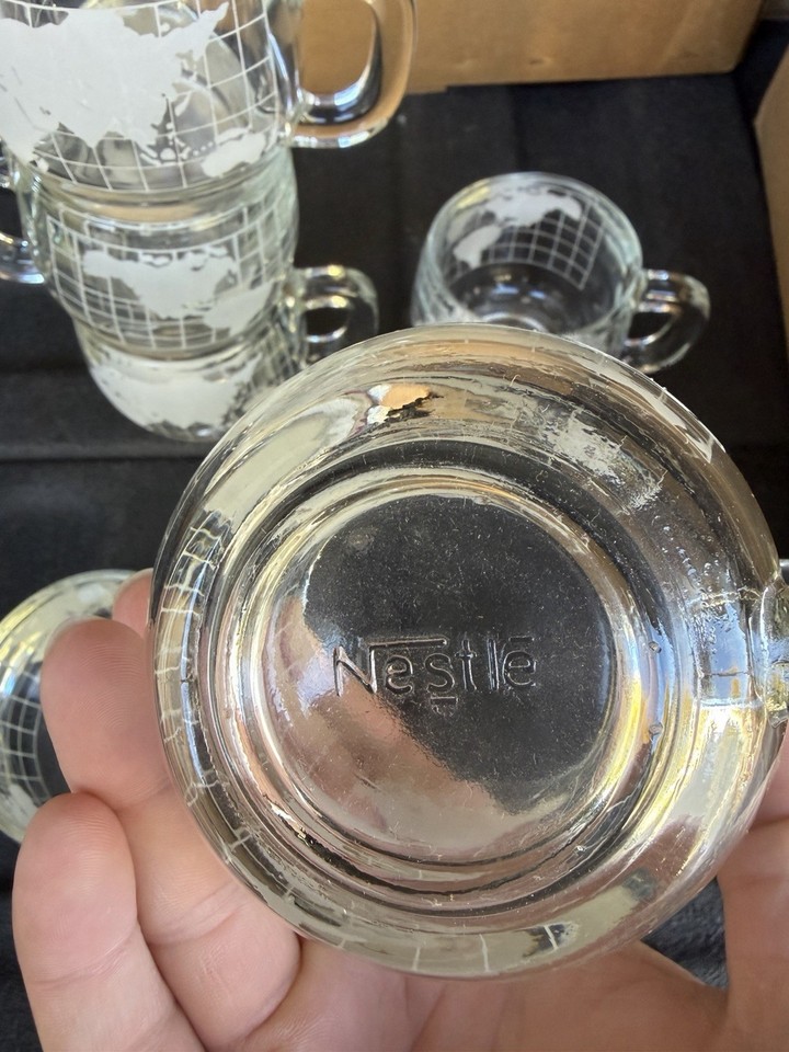 Vintage Nestle Nescafe World Map Globe Etched Glass Coffee Cup Mugs Set ...