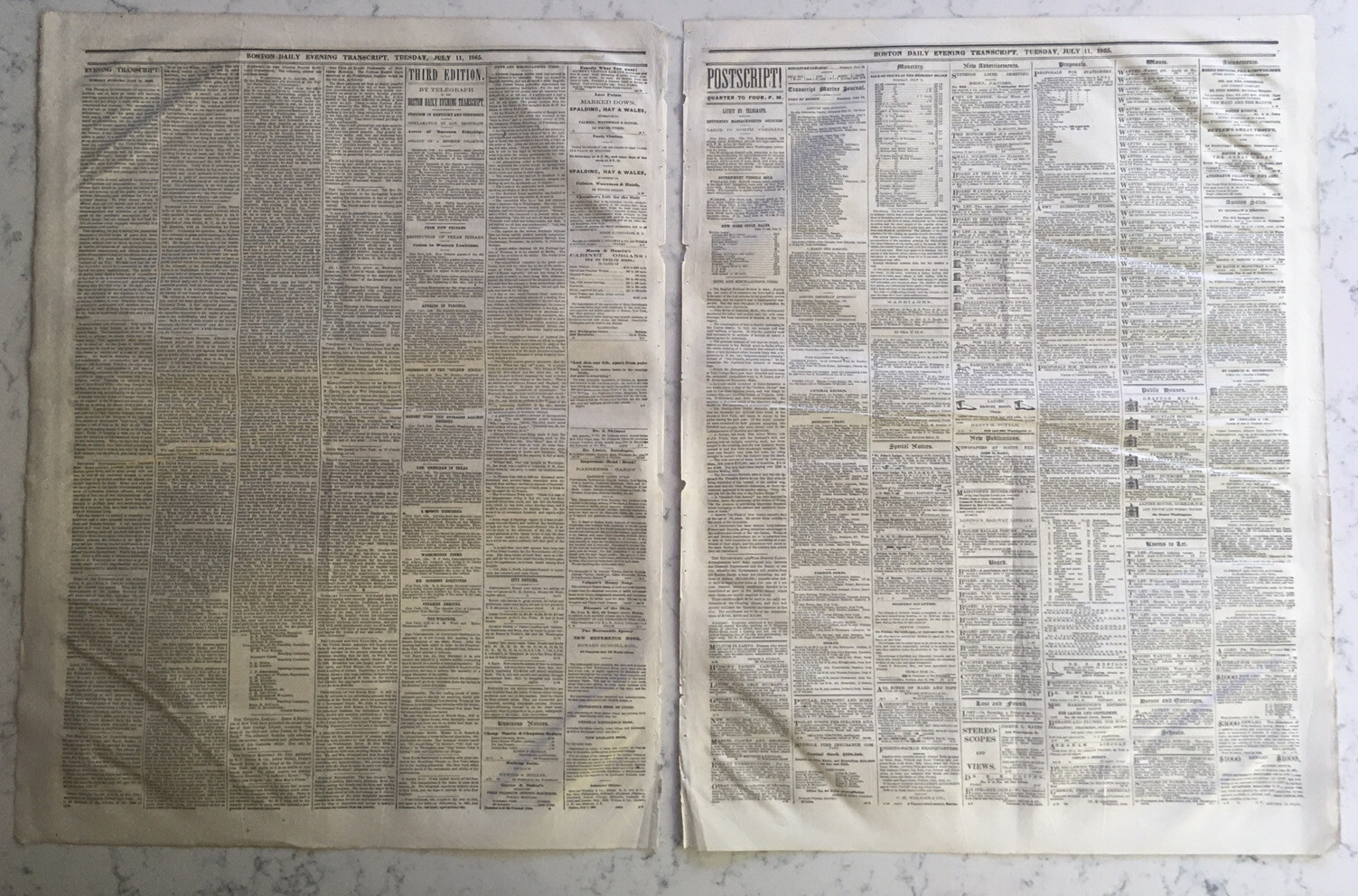 ANTIQUE CIVIL WAR NEWSPAPER BOSTON EVENING TRANSCRIPT JULY 11, 1865 END ...