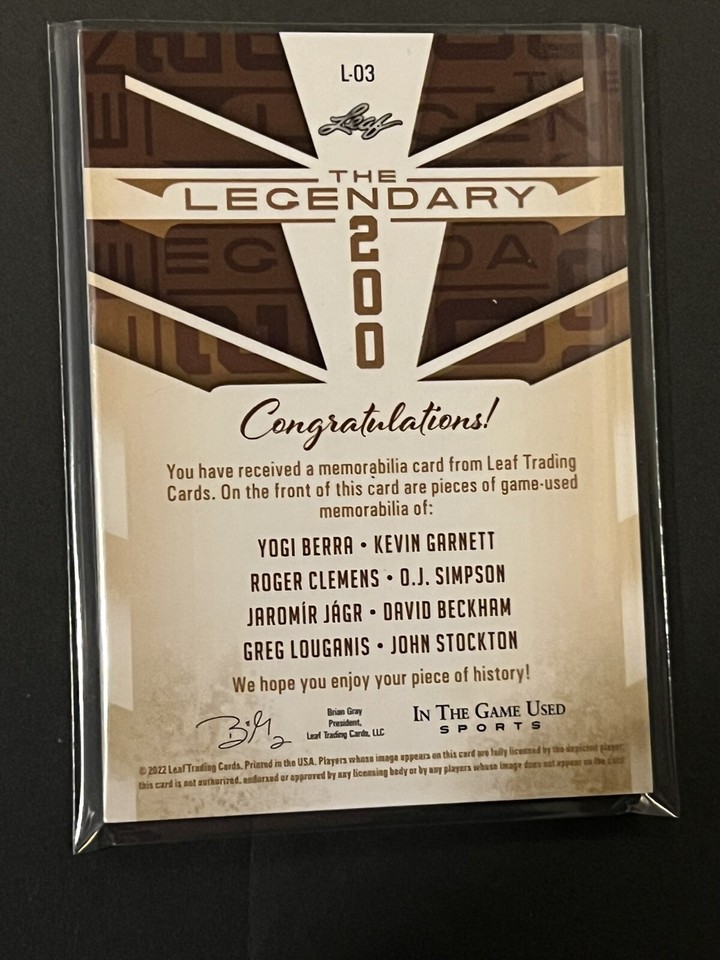 2022 Leaf Game Used Yogi Berra Garnett OJ Beckham Louganis Jagr Clemens ...