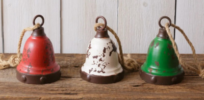 Christmas AGED RUSTY BELL Red Green White Ornament Hanging 5" Primitive ...