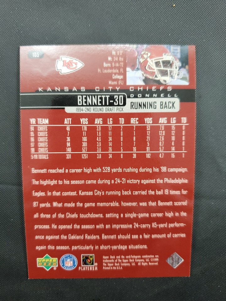 1999 Upper Deck Football Card Donnell Bennett Chiefs #105 FREE SHIPPING ...