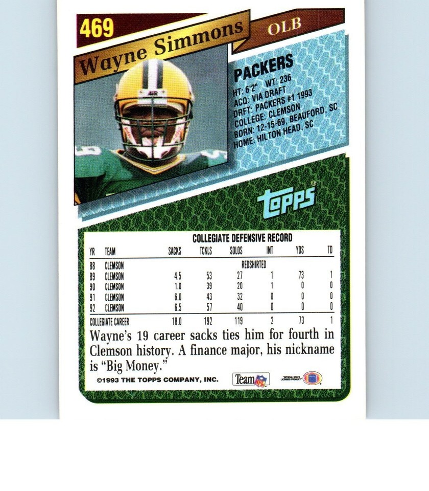 Wayne Simmons 469 Packers 1993 Topps NFL Football Trading Card | eBay