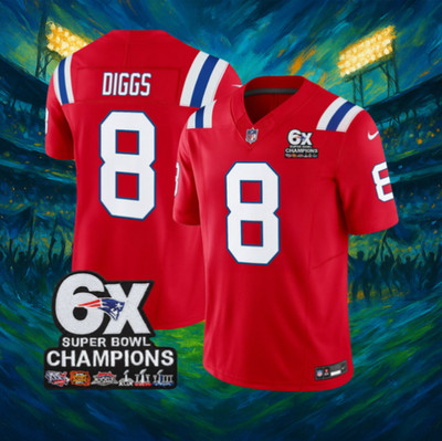 Stefon Diggs #8 Patriots Red 2025 6X Champions Patch Stitched Jersey ...
