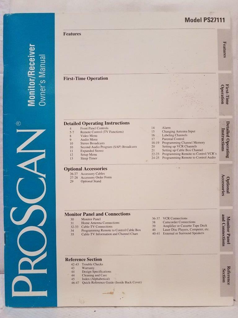 Proscan Monitor/Receiver Owner's Manual Model PS27111 Used | eBay