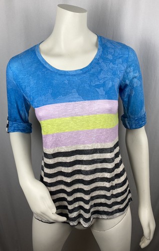 David Cline Women's Stripe Crinkle Roll Tab Sleeve Top T-Shirt ...