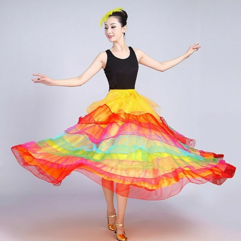 Lady Layered Dance Skirt Rainbow Spanish Ruffle Ballroom Flamenco ...