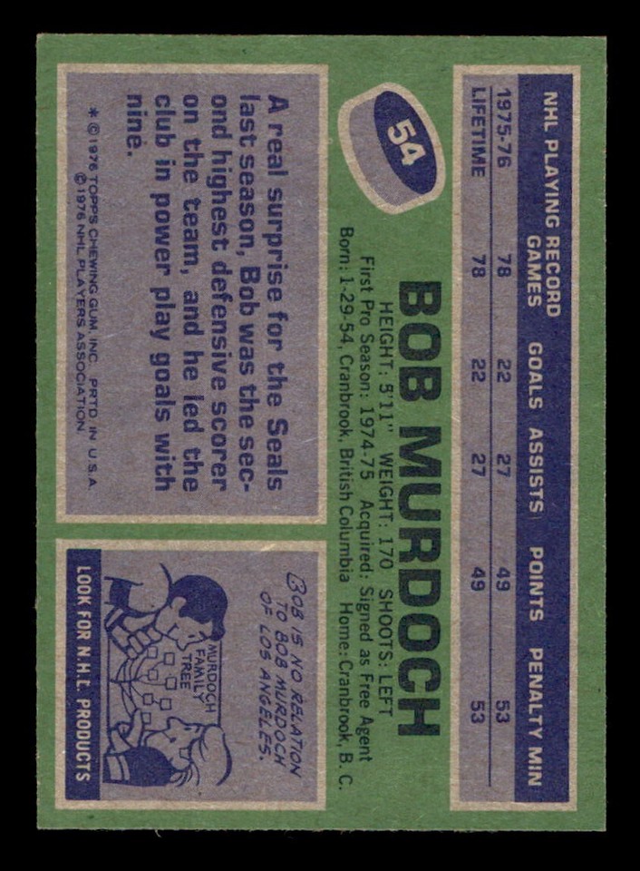 1976 Topps Hockey #54 Bob Murdoch NM/MT *d5 | eBay