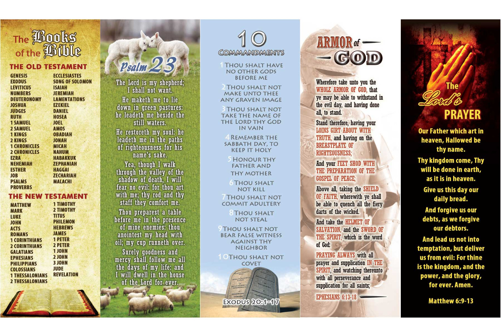 Books of Bible Bookmark Set Psalm 23 10 Comm Lords Prayer Armor of God ...