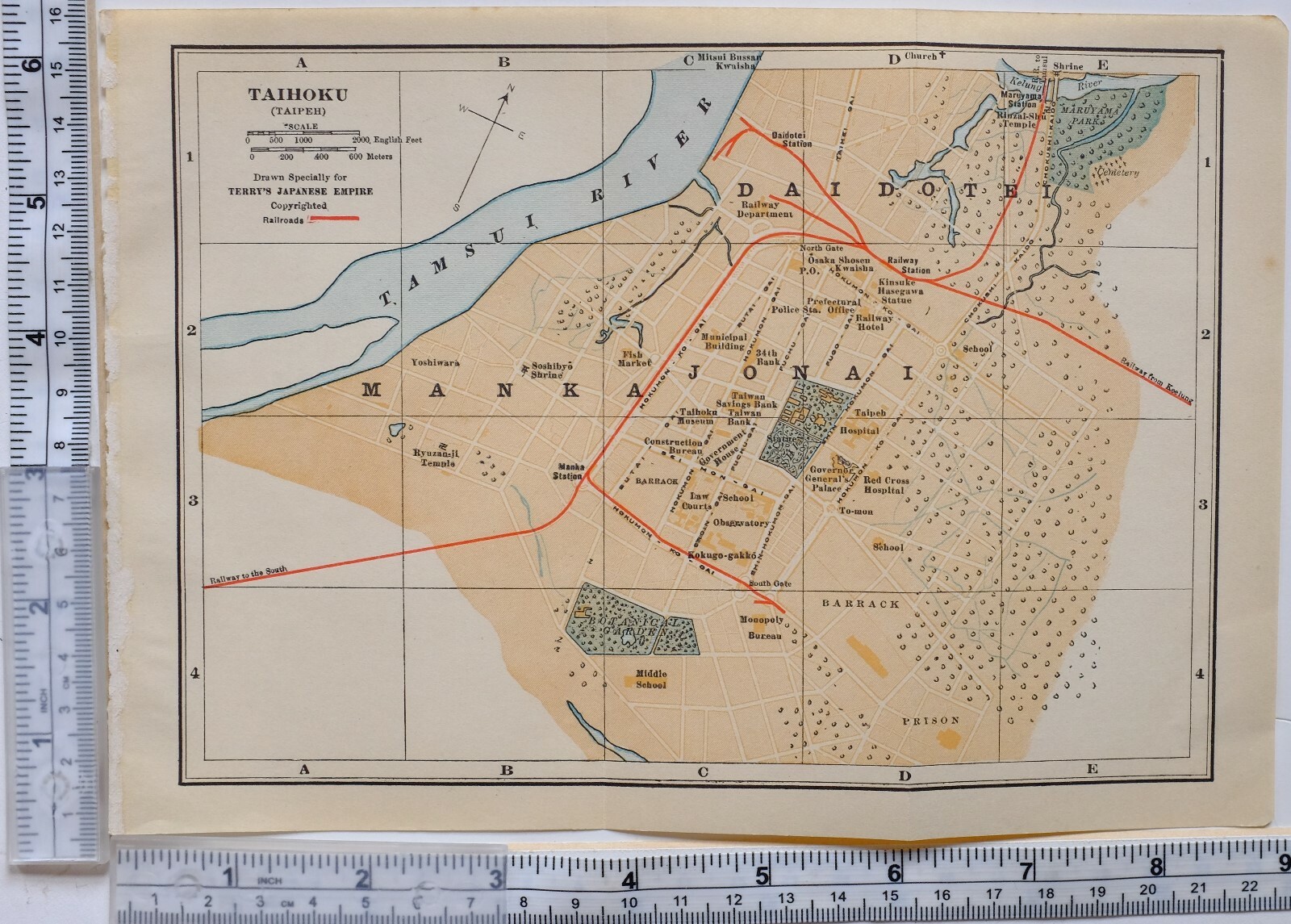 1914 JAPAN JAPANESE MAP TAIHOKU TAIPEH TEMPLES TAIWAN BANK BARRACK ...