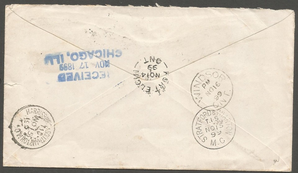 1899 Registered Cover 7c Numerals RPO(2) Split Ring Port Elgin Ontario ...