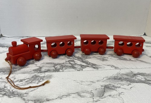 VTG Red Wooden Train Set Pull String 4 Cars 1 Engine 3 Cars Made In ...