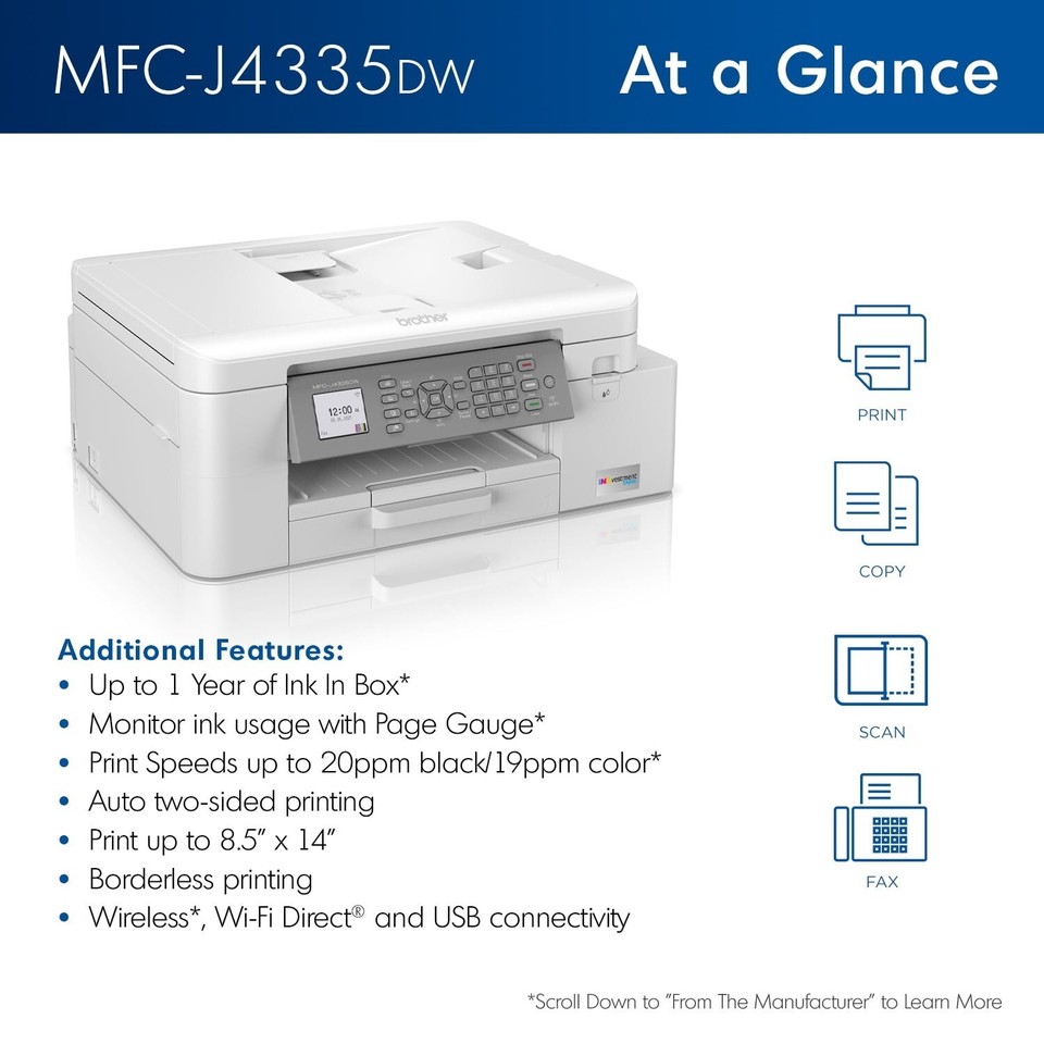 MFC-J4335DW INKvestment Tank All-in-One Color Inkjet Printer, Duplex ...